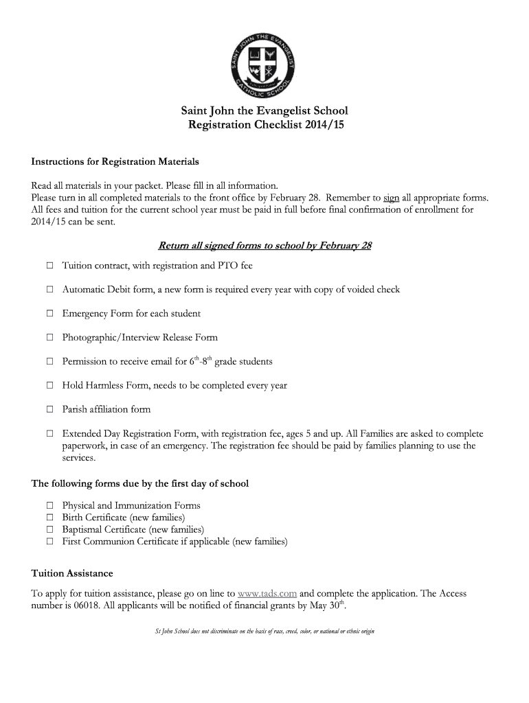 Fillable Online Saint John s Registration Checklist Fax Email Print ...