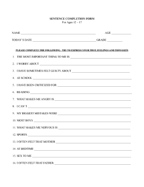 Fillable Online SENTENCE COMPLETION FORM AGES 12 - 17 Fax Email Print ...