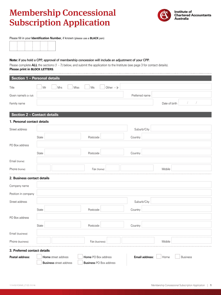 Fillable Online Membership Concessional Subscription Application Please fill in your ...