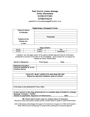 Fillable Online peakdistrictcaninemassage co Vet consent form ...