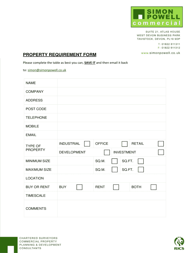 Fillable Online simonpowell co PROPERTY REQUIREMENT FORM - Simon Powell Fax Email Print - pdfFiller