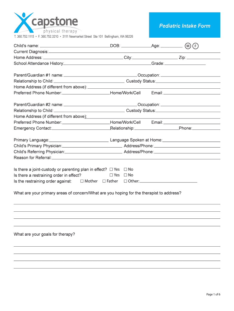 Fillable Online Pediatric Intake bFormb - Capstone Physical Therapy Fax Email Print - pdfFiller