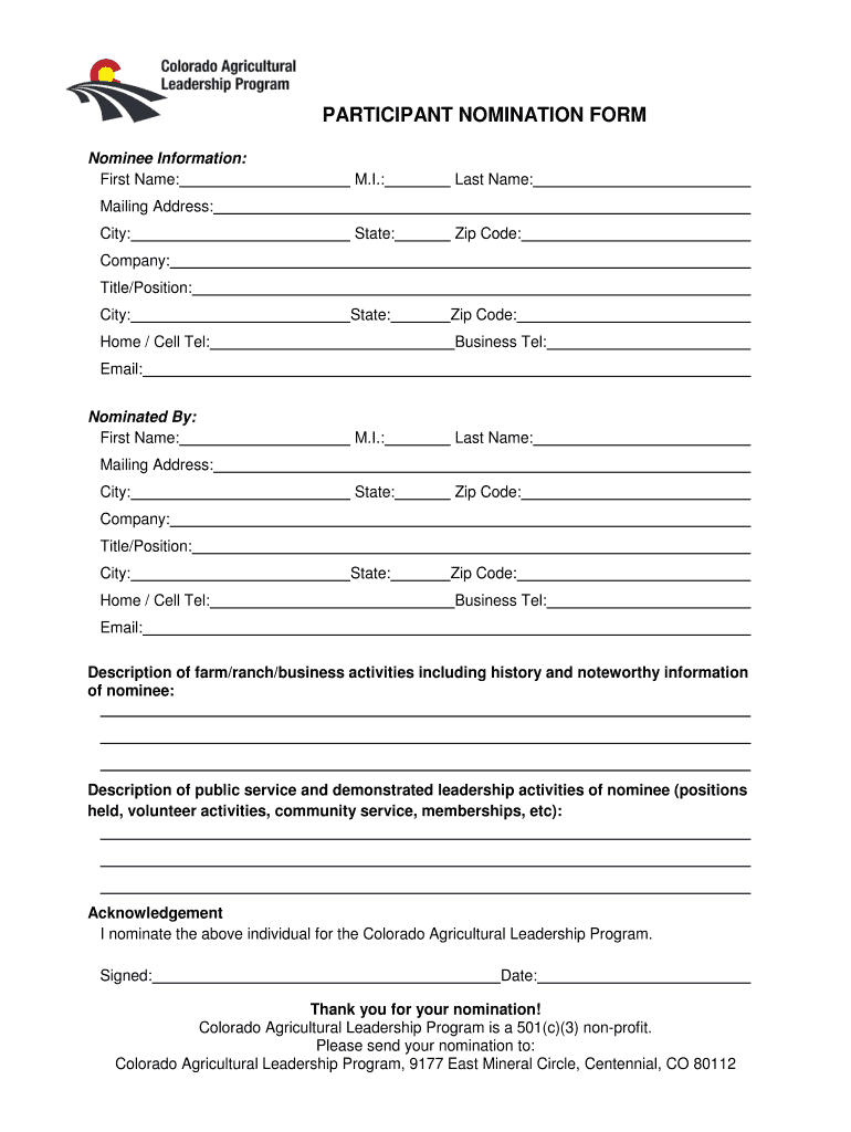 Fillable Online coloagleaders PARTICIPANT NOMINATION FORM Fax Email Print - pdfFiller