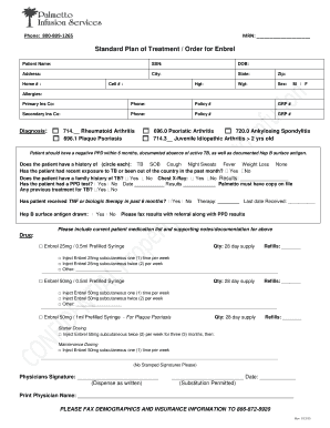 Fillable Online Standard Plan of Treatment / Order for Enbrel ...