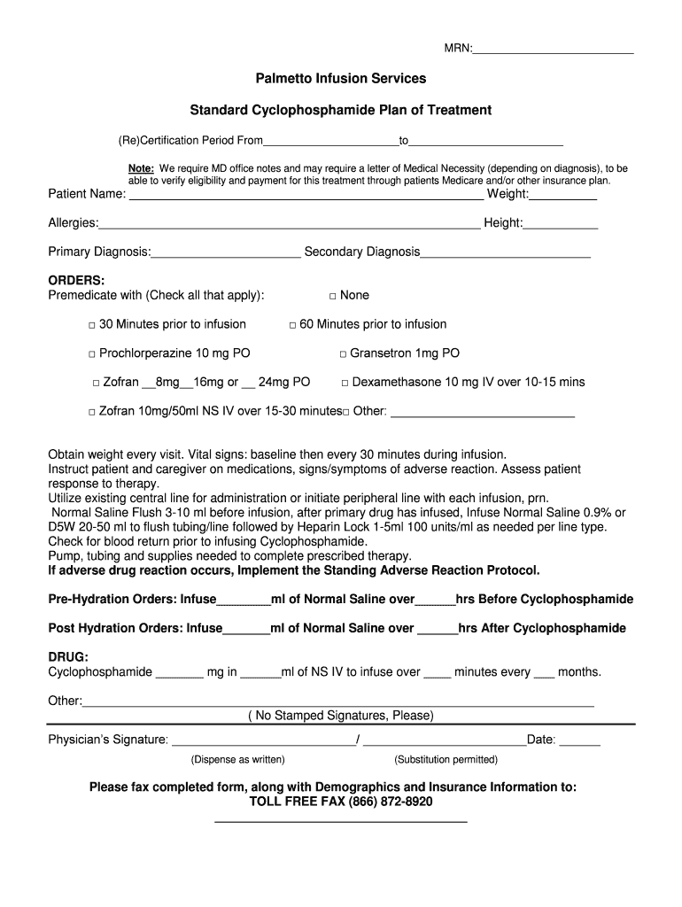 Fillable Online MRN: Palmetto Infusion Services Standard ...