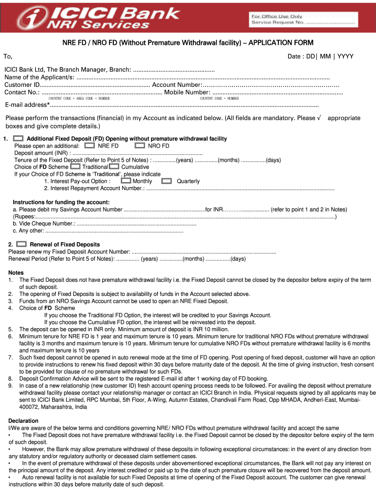 Fillable Online NRE FD / NRO FD (Without Premature Withdrawal facility ...