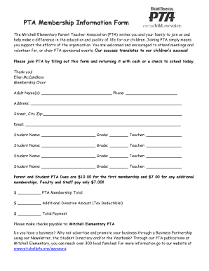 Fillable Online mitchellpta PTA Membership Information Form updated ...