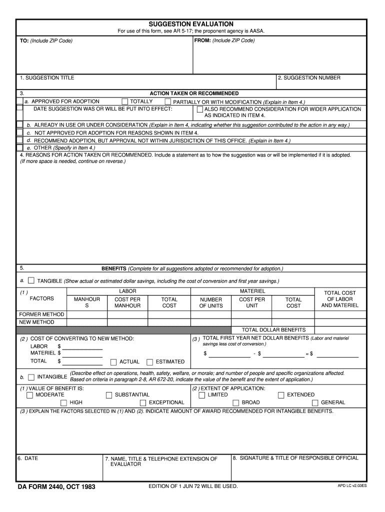 Fillable Online apd army SUGGESTION EVALUATION For use of this form ...