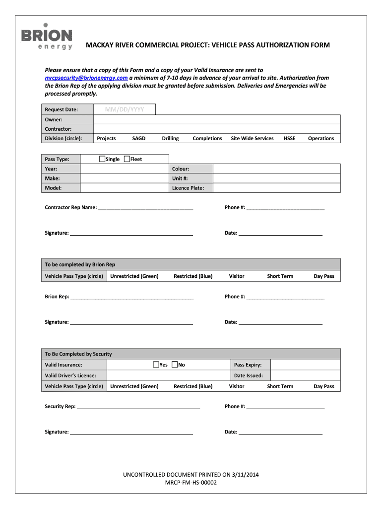 Fillable Online Mackay river commercial project: vehicle pass authorization form Fax Email Print ...