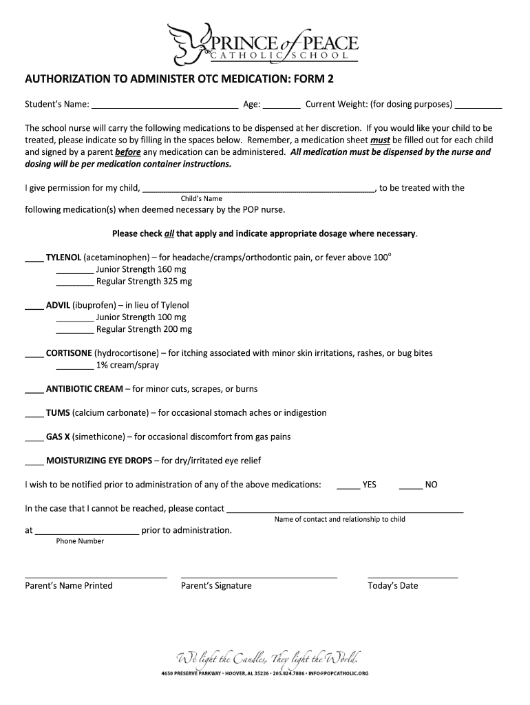 Fillable Online popcatholic AUTHORIZATION TO ADMINISTER OTC MEDICATION ...