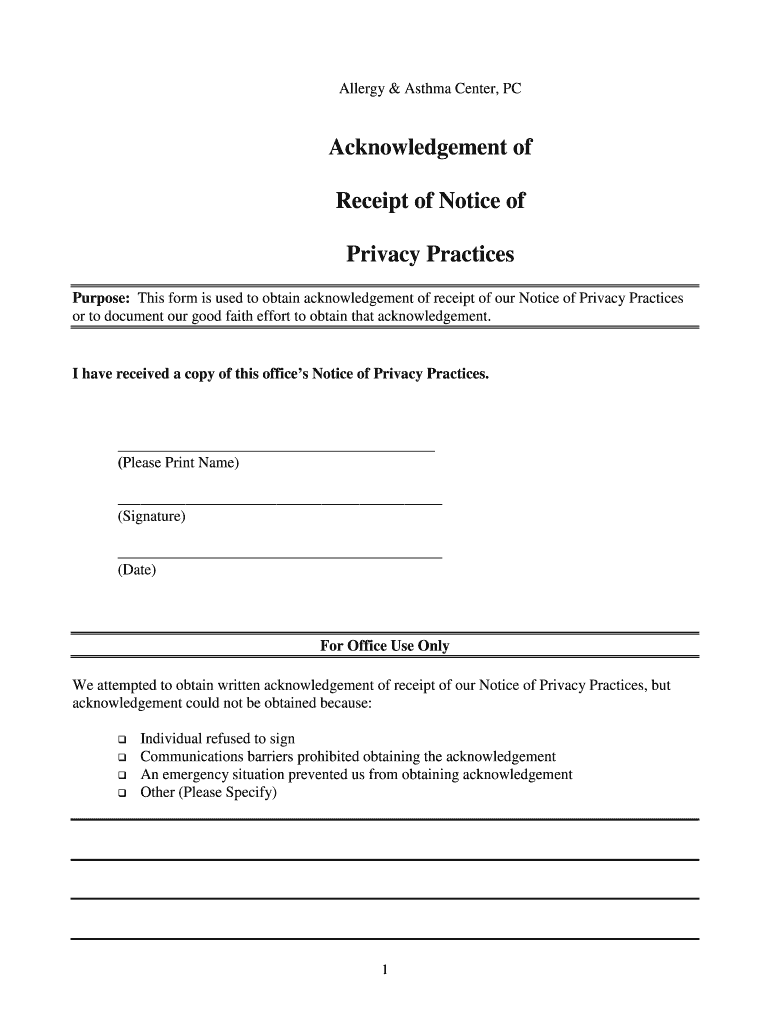 Fillable Online Acknowledgement of Receipt of Notice of Privacy ...