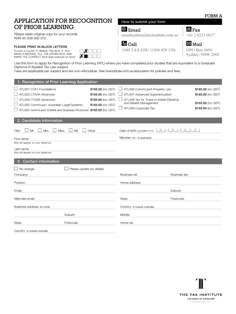 Fillable Online BAPPLICATION FOR RECOGNITIONb OF PRIOR LEARNING Fax ...