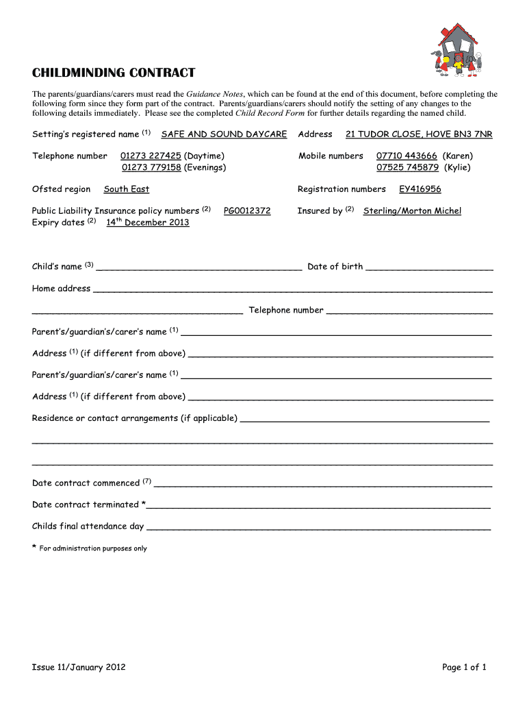 Fillable Online playandlearndaycare co Childminding contract - Play and ...