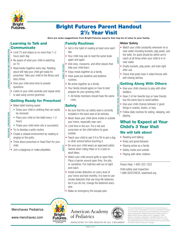 Fillable Online Bright Futures Parent Handout Year Visit Fax Email ...