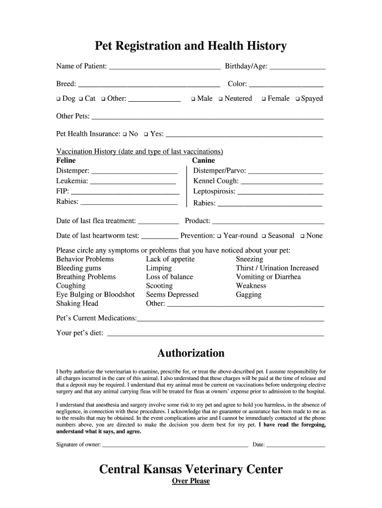 Fillable Online Pet Registration and Health History Fax Email Print ...