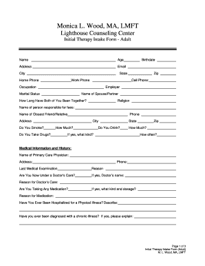 Fillable Online lighthousecounseling Initial Therapy Intake Form ...