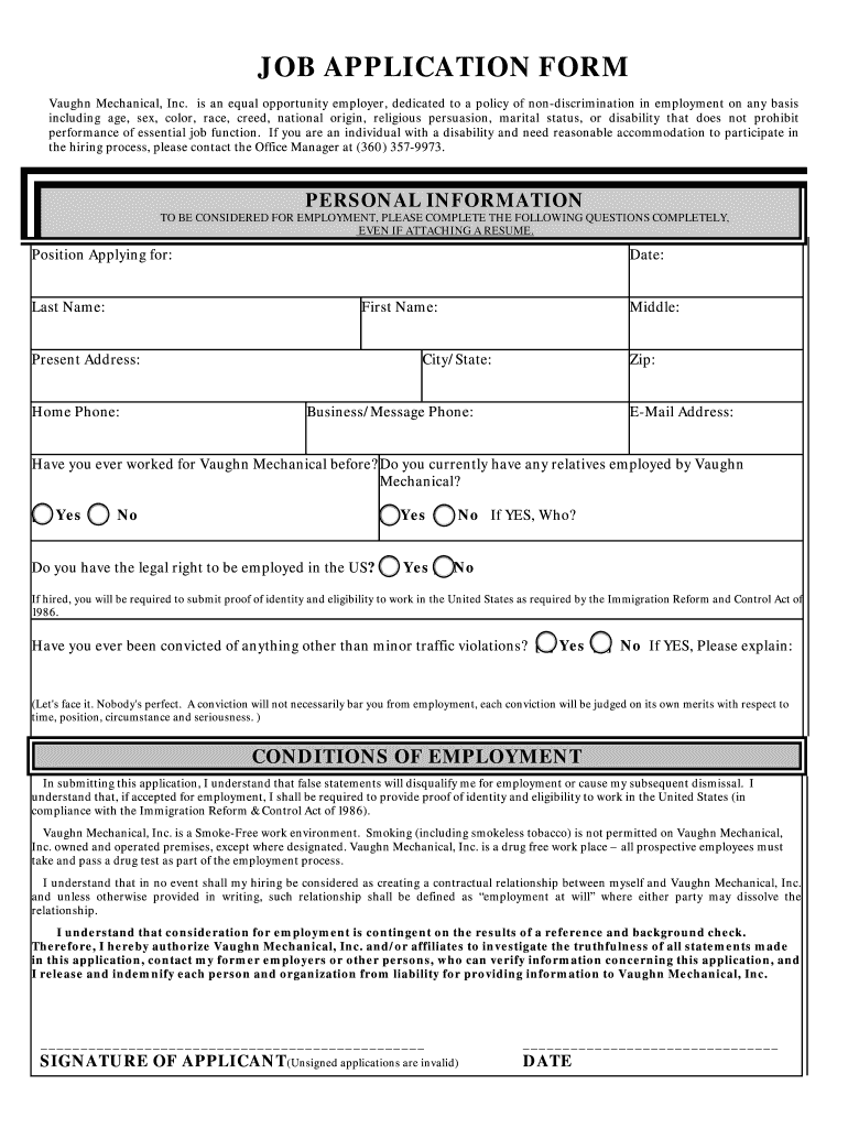Fillable Online JOB APPLICATION FORM - Vaughn Mechanical Inc Fax Email Print - pdfFiller