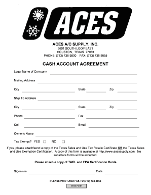 Fillable Online CASH ACCOUNT AGREEMENT - ACES Supply Fax Email Print ...