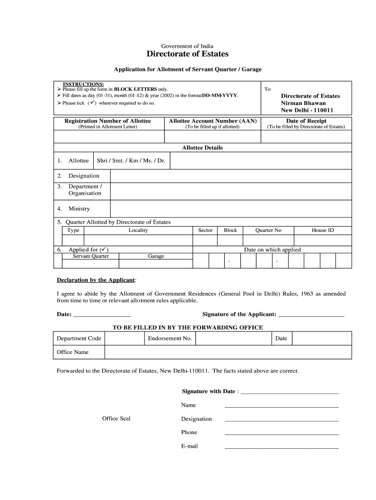 Fillable Online eawas nic Government of India Directorate of Estates ...
