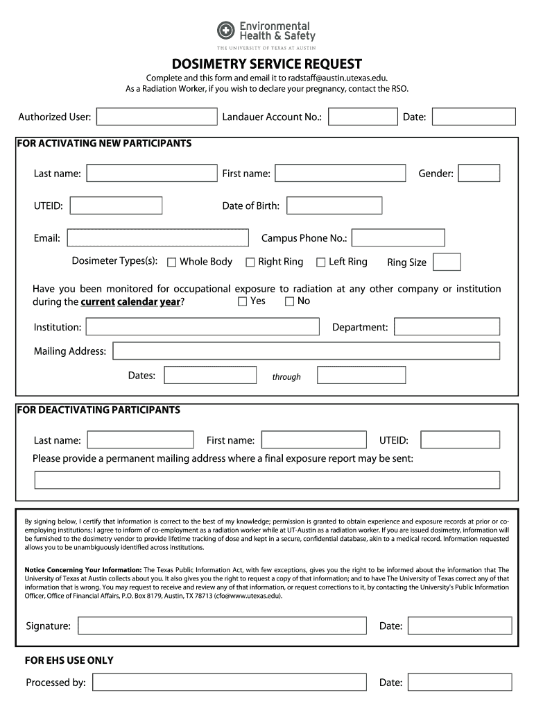 Fillable Online ehs utexas Dosimetry Service Request Form (PDF) - The ...