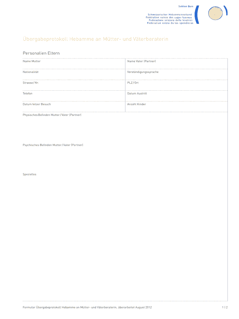 Ausfüllbar Online mvb-be Bergabeprotokoll Hebamme an Mtter- und Vterberaterin Fax Email Drucken ...
