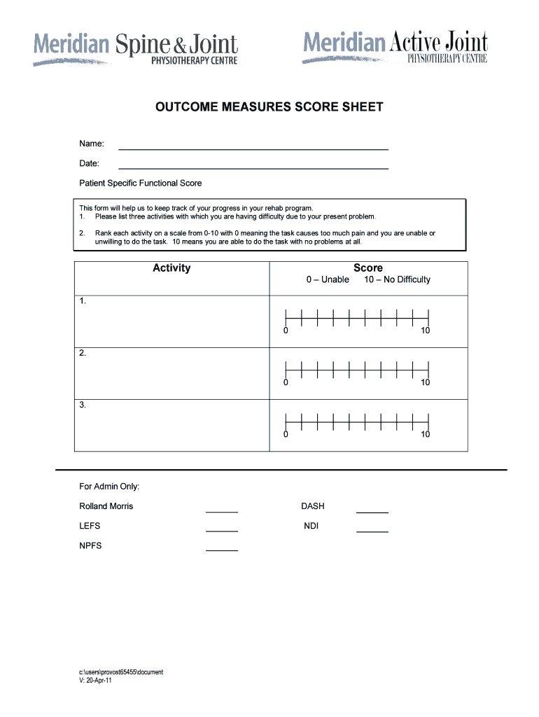 Fillable Online meridianhealthgroup OUTCOME MEASURES SCORE SHEET ...
