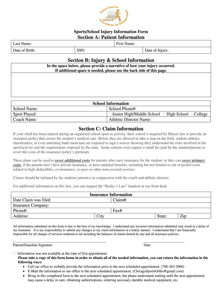 Fillable Online SportsSchool Injury Information Form Section A Patient ...