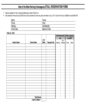 Fillable Online Best of the West Reining Extravaganza STALL RESERVATION ...
