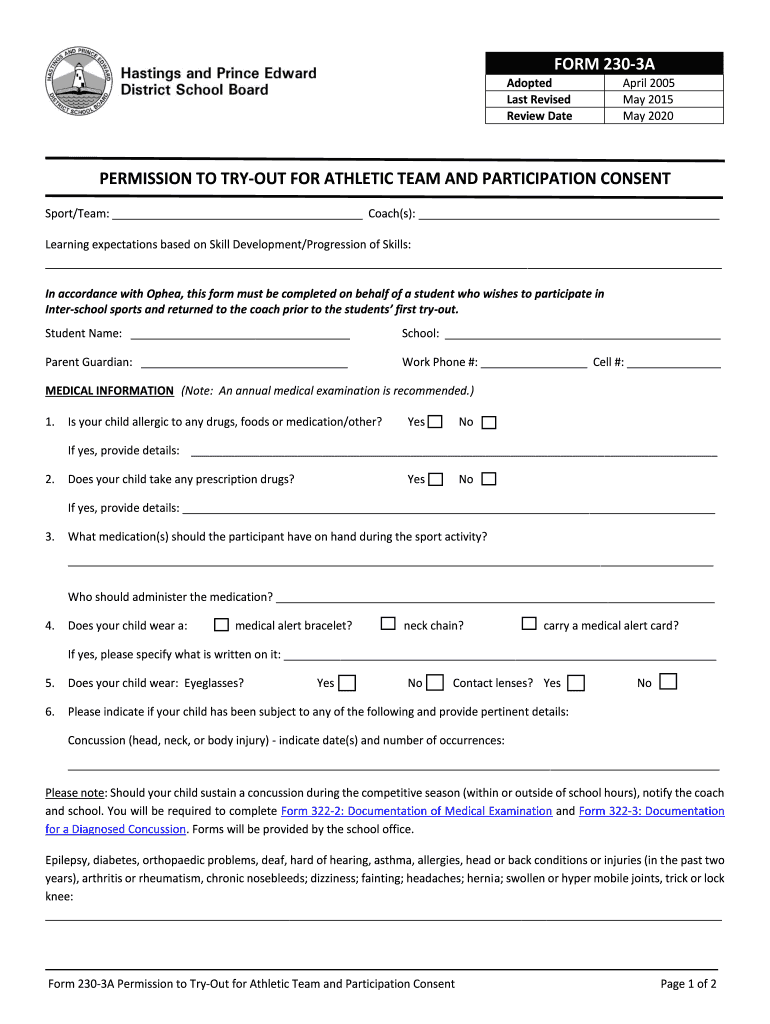 Form 230-3A Permission to Try-Out for Athletic Team and Participation ...