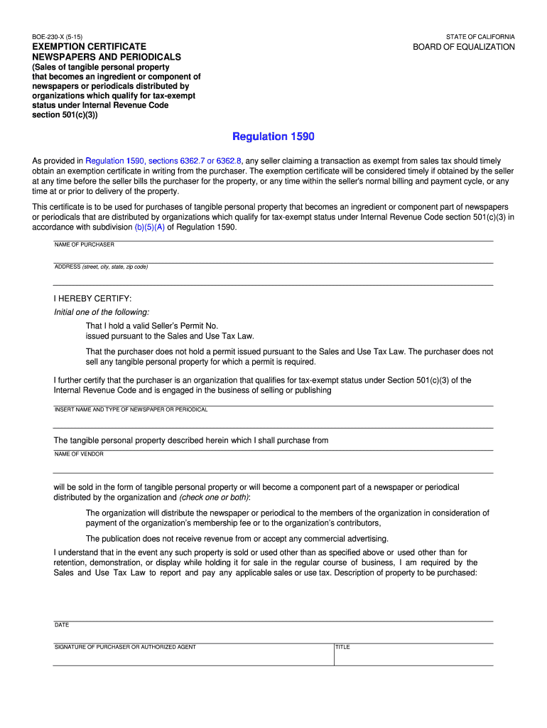 Fillable Online boe ca Exemption Certificate - newspapers and periodicals. exemtion certificate ...
