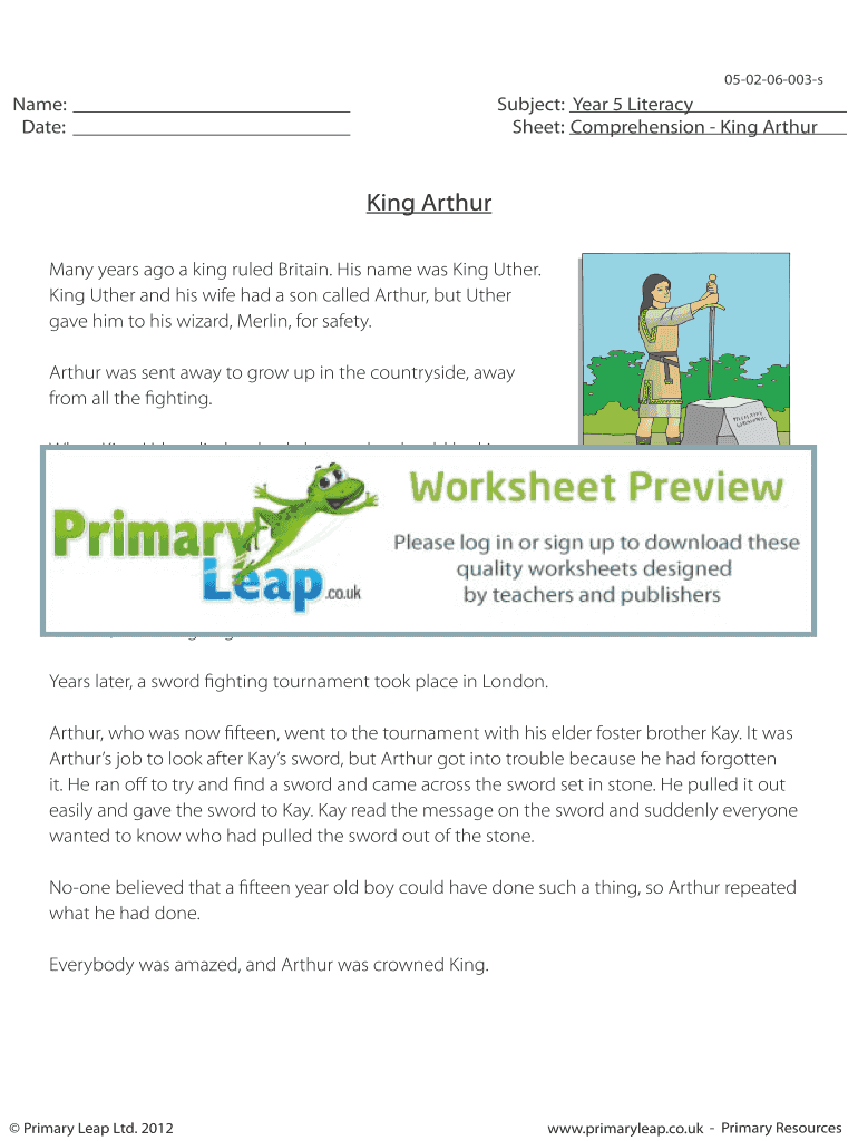 Fillable Online Comprehension - King Arthur - Primary Leap Worksheets ...