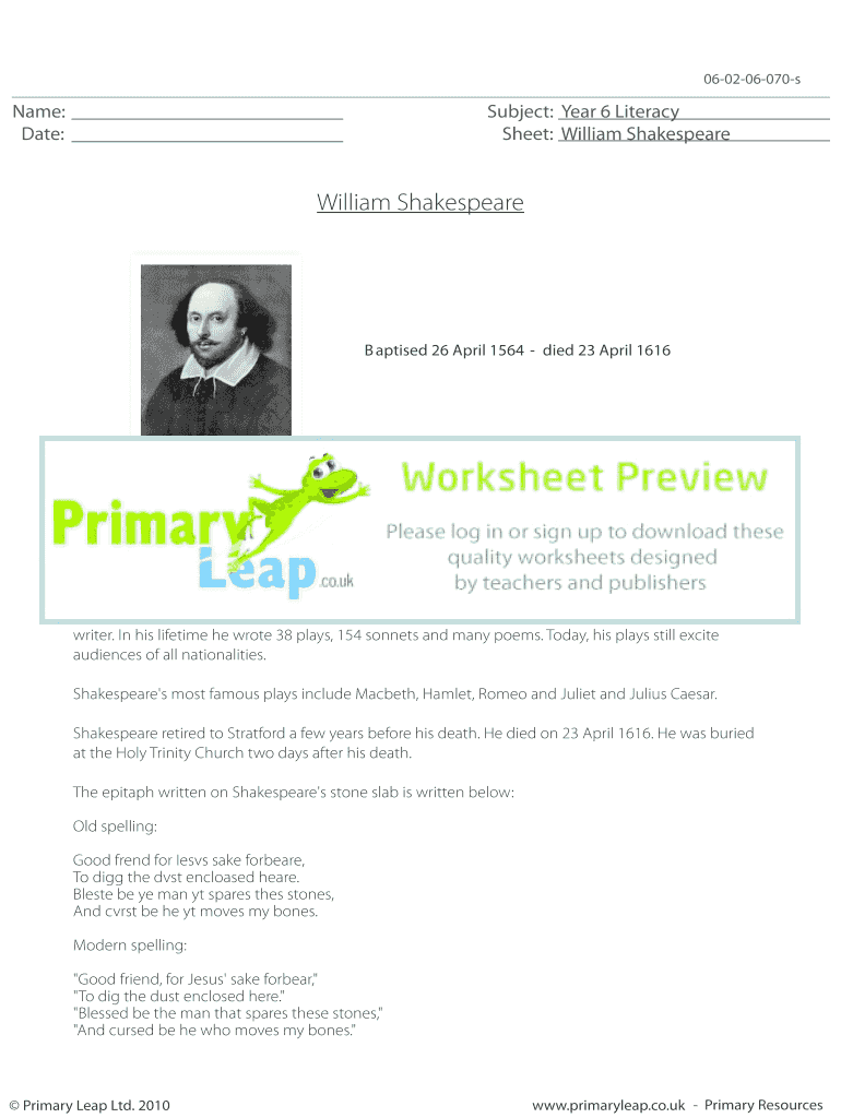 Fillable Online Reading comprehension - William Shakespeare - Primary ...