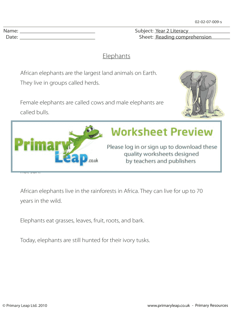 Fillable Online Reading comprehension - Elephants non-fiction - Primary ...