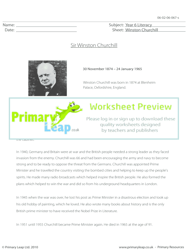 Fillable Online Reading comprehension - Winston Churchill - Primary ...