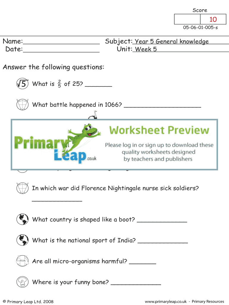Fillable Online Week 5 - Primary Leap Worksheets.. Year 5, General ...