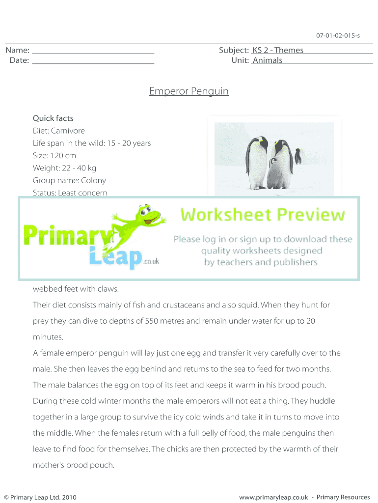 Fillable Online Penguin comprehension - Primary Leap Worksheets This KS2 reading comprehension ...