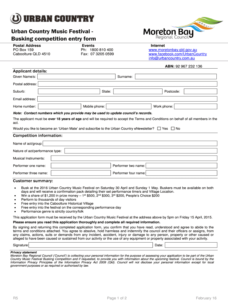 Fillable Online Urban Country Music Festival - Busking Registration Fax ...