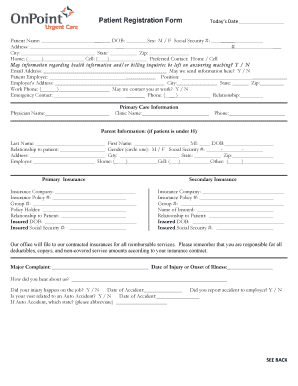 Fillable Online Patient Registration Form - OnPoint Urgent Care Fax Email Print - pdfFiller