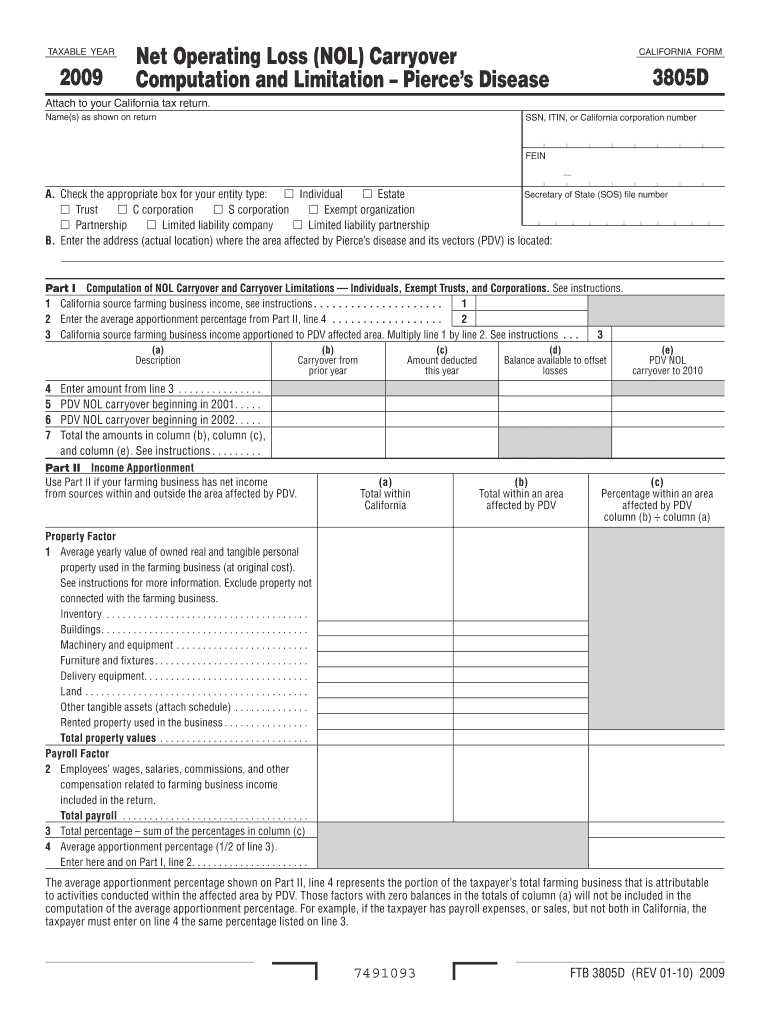 Fillable Online 2009 Form 3805D -- Net Operating Loss (NOL) Carryover ...