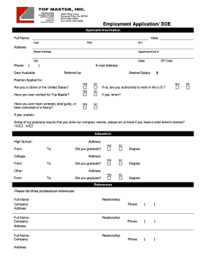 Fillable Online Employment Application EOE - Top Master Inc Fax Email ...