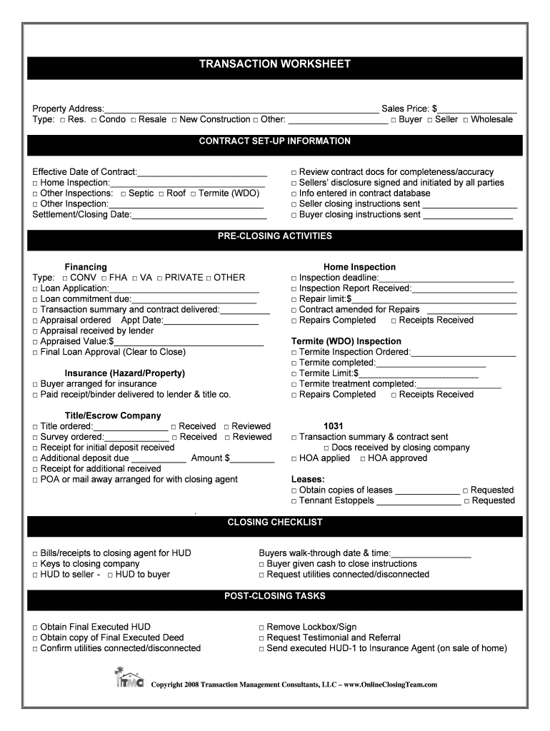 Fillable Online Transaction Worksheet - Duncan Wierman Fax Email Print ...