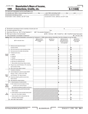 Fillable Online ftb ca Schedule K-1 100S - 1999 Shareholders Share of Income Deductions Credits ...