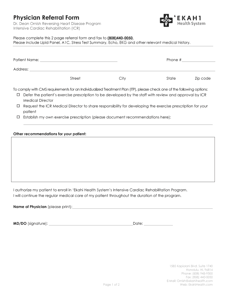 Fillable Online Ekahi Ornish Physician Referral Form v3.docx Fax Email Print - pdfFiller