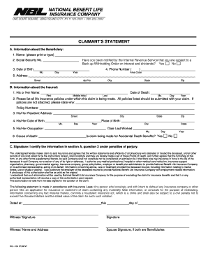 Fillable Online Claimant's statement - National Benefit Life Insurance ...