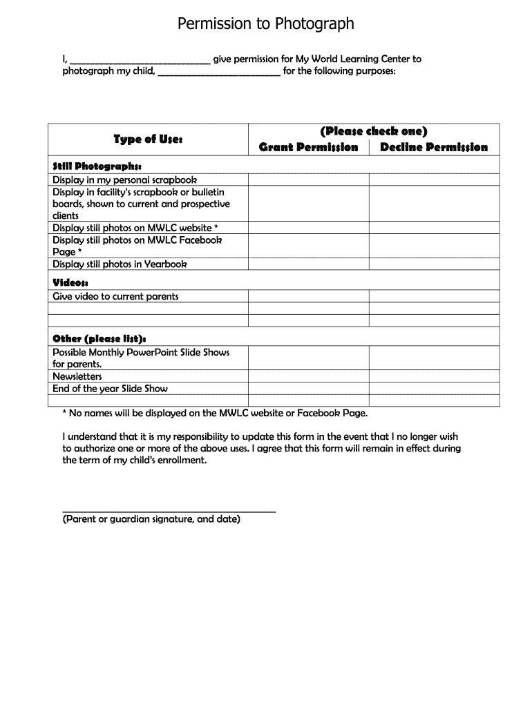 Fillable Online Permission to Photograph - bmyworldlearningcenterbbcomb ...