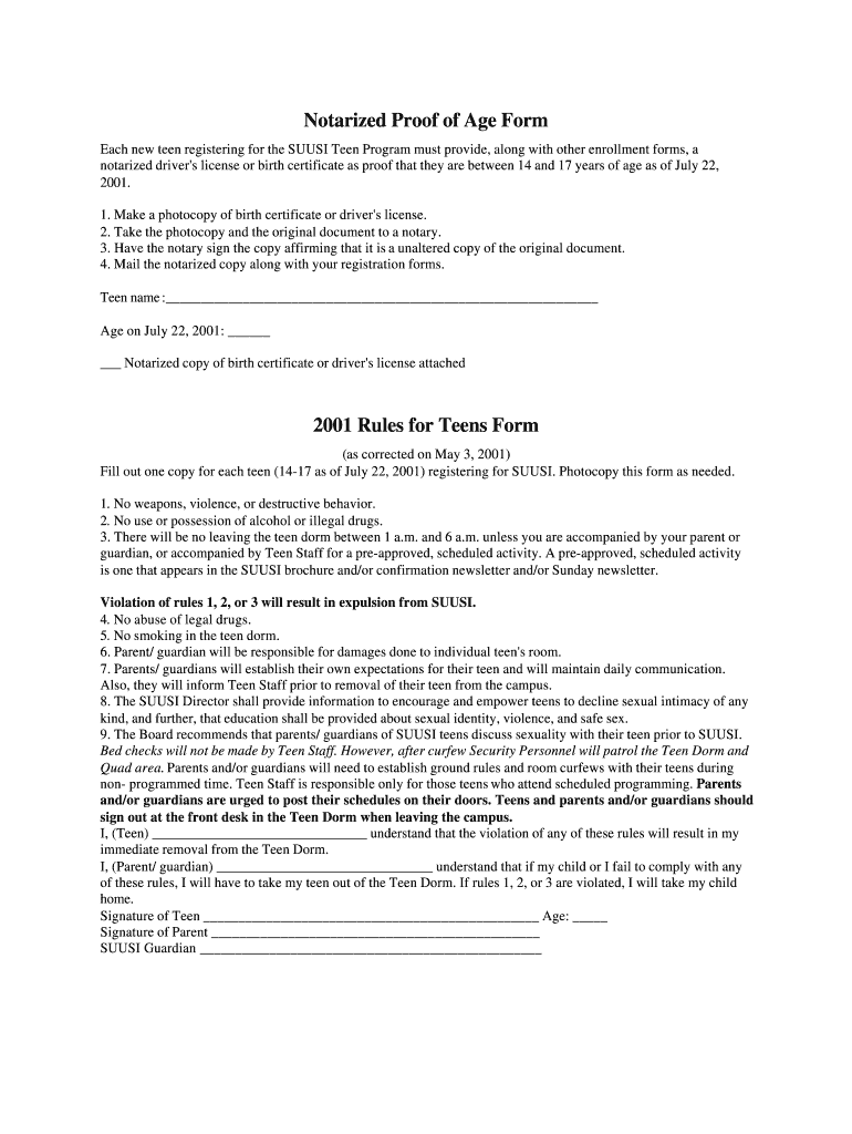 Fillable Online Notarized Proof of Age Form for SUUSI Teen Program Fax ...