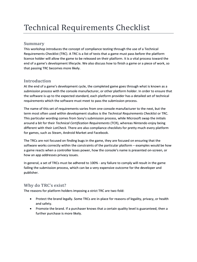 Fillable Online Technical Requirements Checklist Workshop Fax Email ...