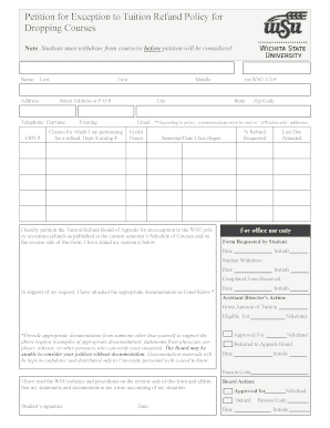Fillable Online webs wichita Petition for Exception to Tuition Refund ...