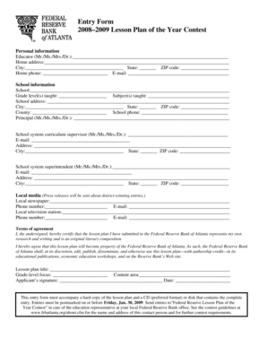Fillable Online frbatlanta Entry Form 2008 2009 Lesson Plan of the Year ...