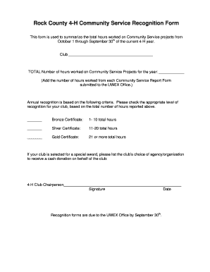 Fillable Online fyi uwex Rock County 4-H Community Service Recognition ...